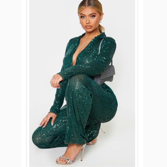 PrettyLittleThing | Pants & Jumpsuits | Plt Emerald Green Sequin Collar ...